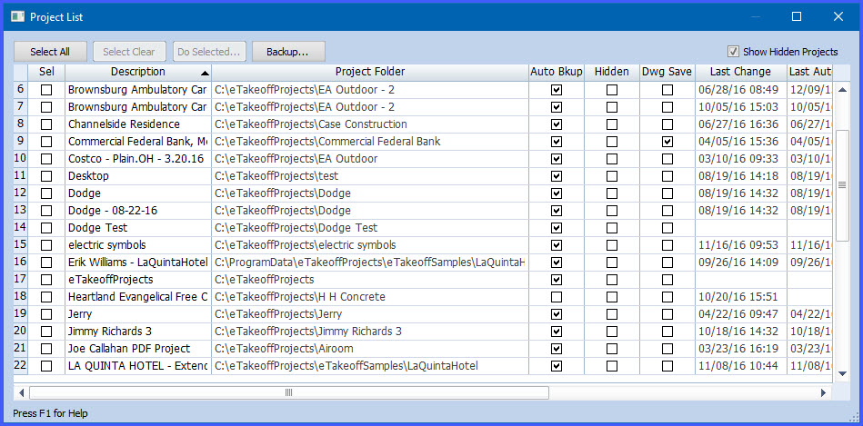 Project List Window - eTakeoff